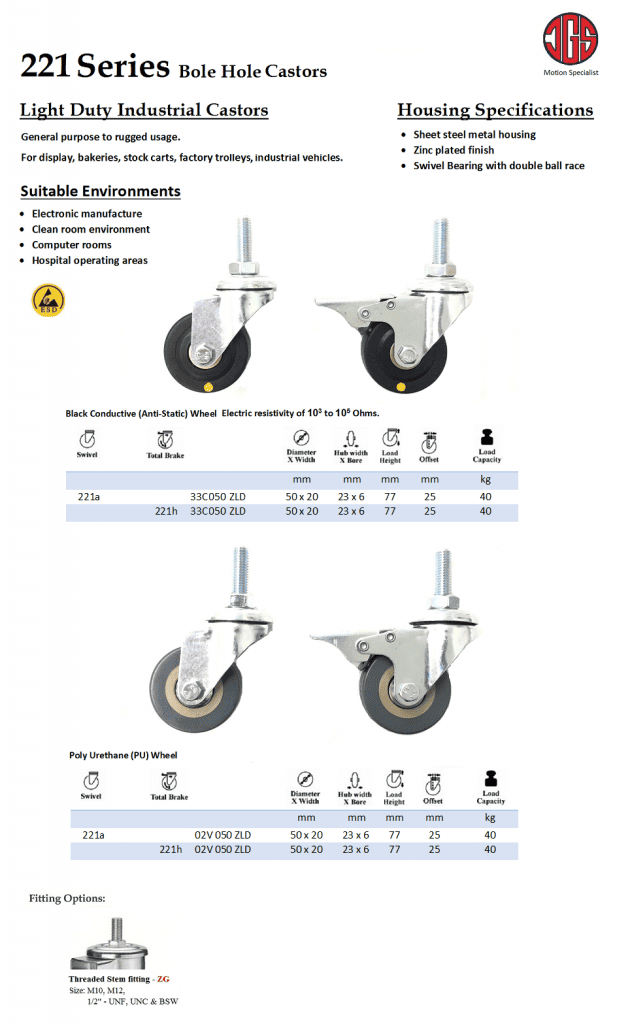 221 Series – Black Conductive (ESD) Bole Hole Castors – JGS INDUSTRIES ...