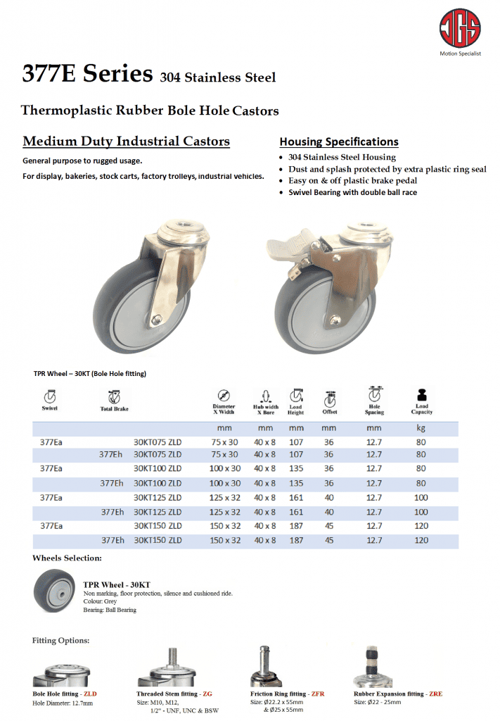 377 Series – Grey Rubber (TPR) Stainless Steel Bole Hole Castors – JGS ...
